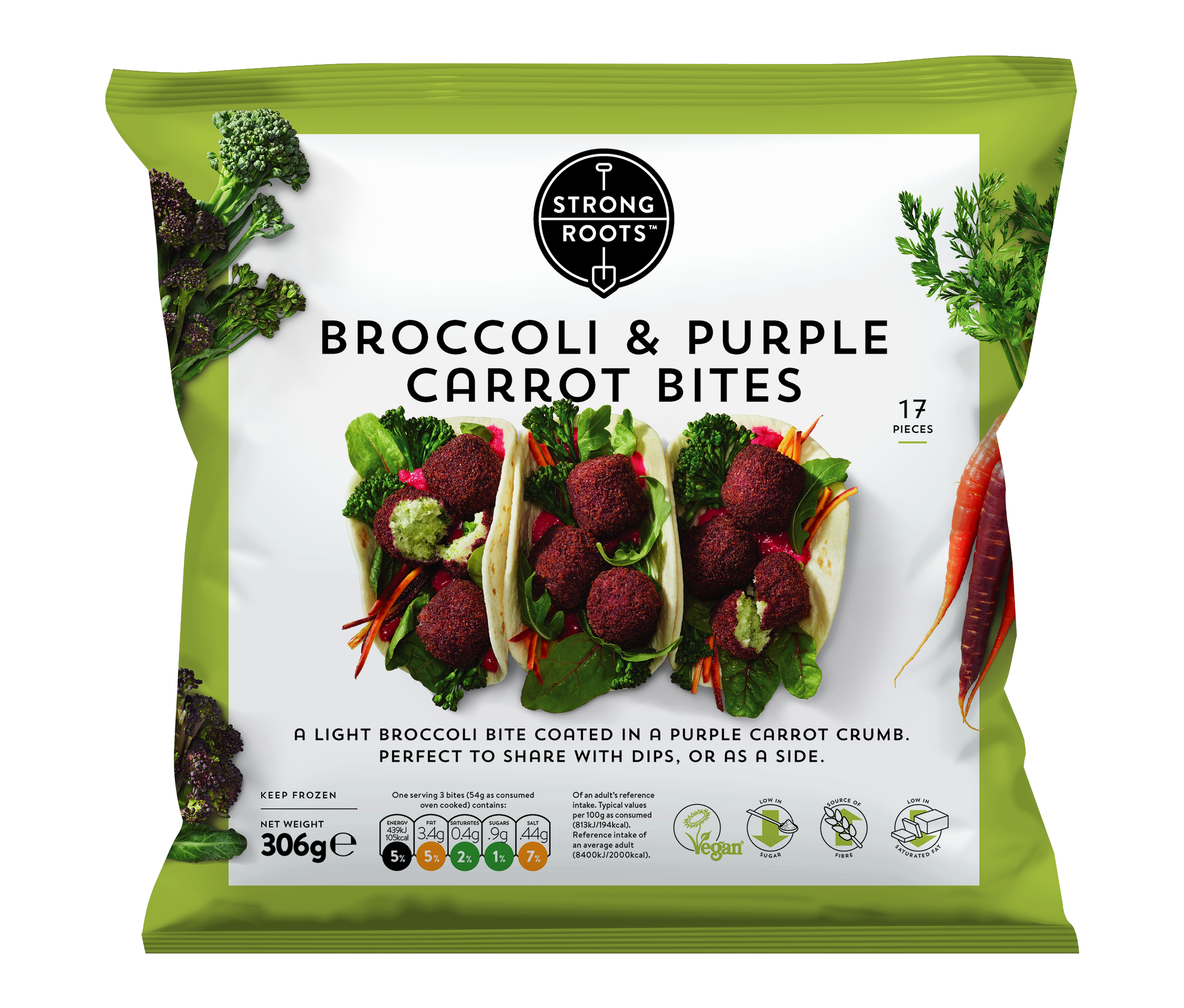 STRONG ROOTS Broccoli & Purple Carrot Bites 306GR (Frozen)