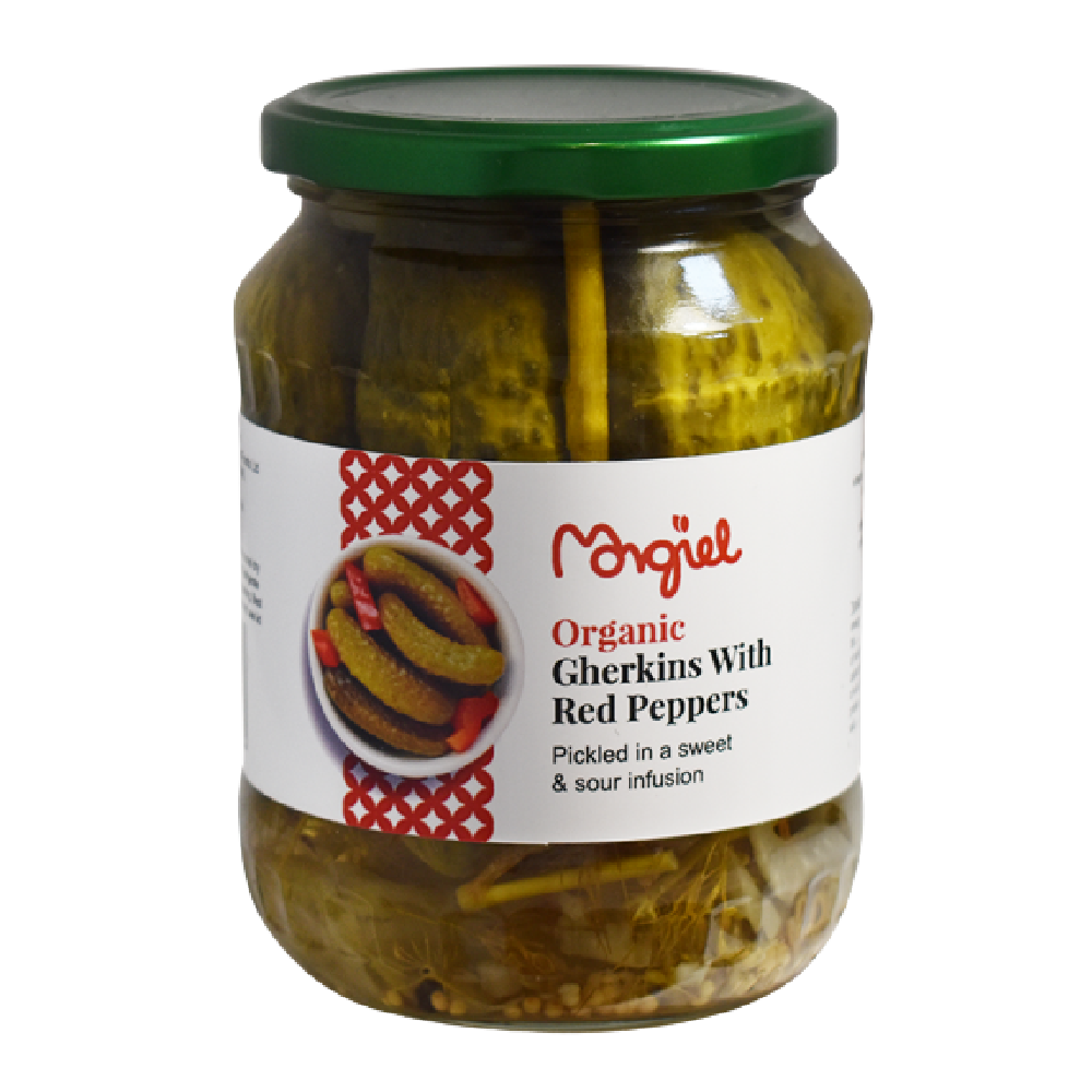 MORGIEL Organic Pickled Gherkins With Red Peppers 670g